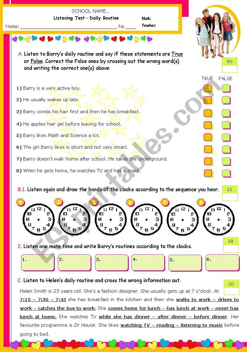 Daily Routines Listening ESL Worksheet By Mena22