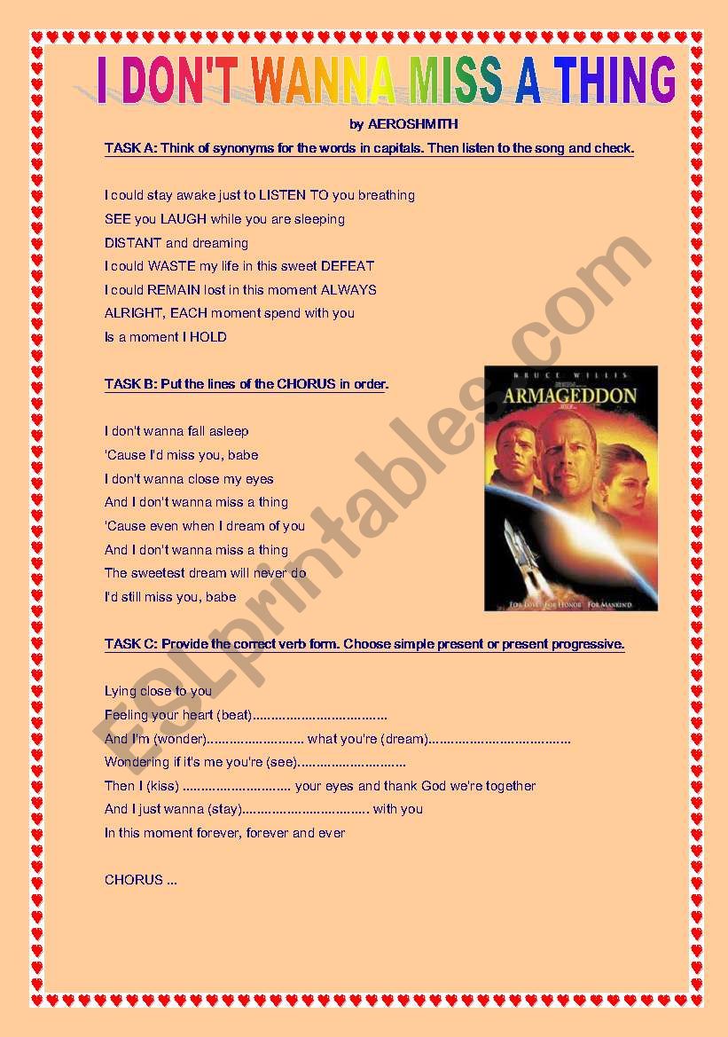 DONÂ´T WANNA MISS A THING - ESL worksheet by natalia rodriguez