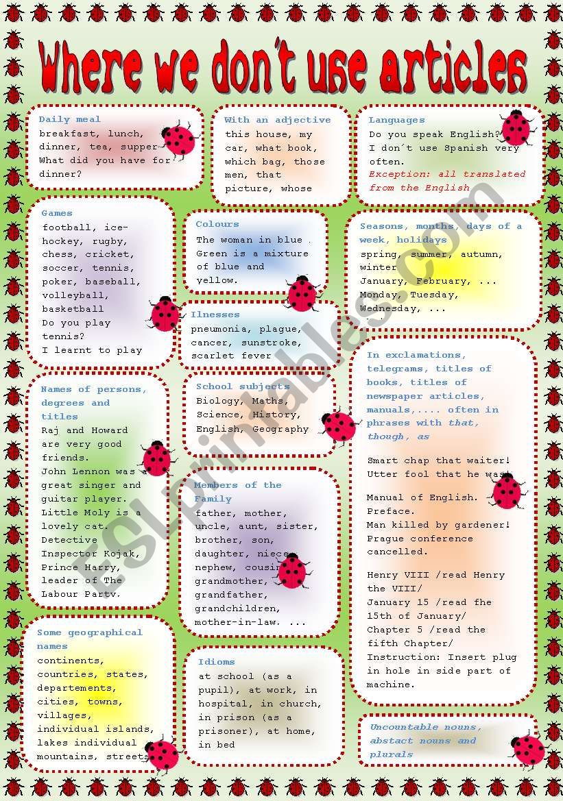 Zero articles - where we don´t use articles - ESL worksheet by ramel1