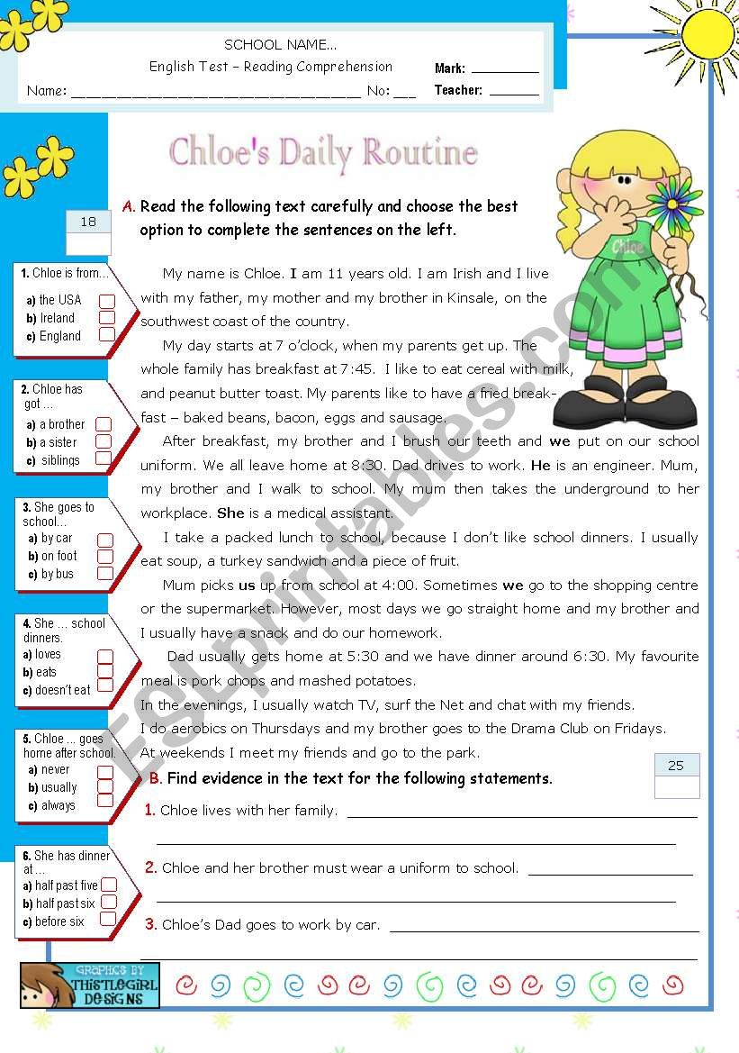 "Chloe´s Daily Routine" - Reading Test - ESL worksheet by mena22