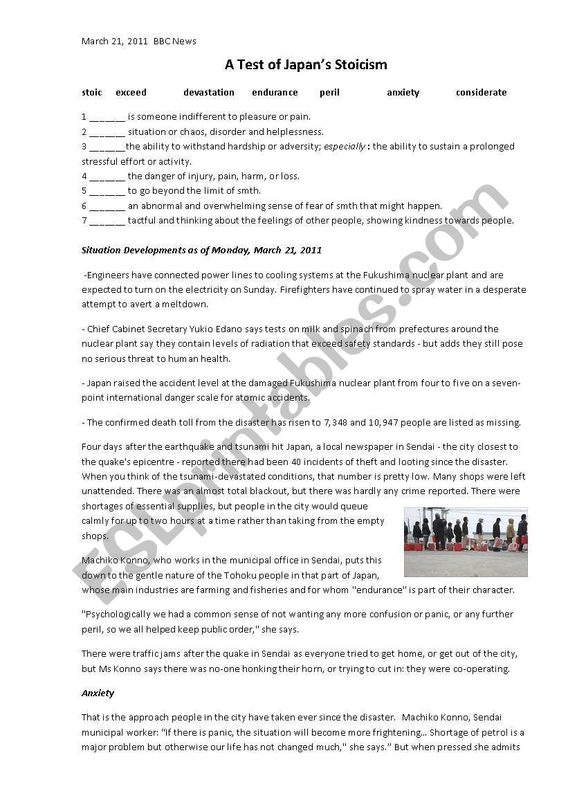 A Test of Japan´s Stoicism - ESL worksheet by mariby22