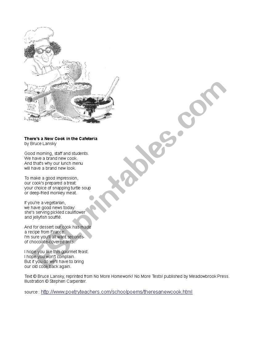 Study of the poem : ´´ There´s a new cook in the cafeteria ´´ - ESL ...