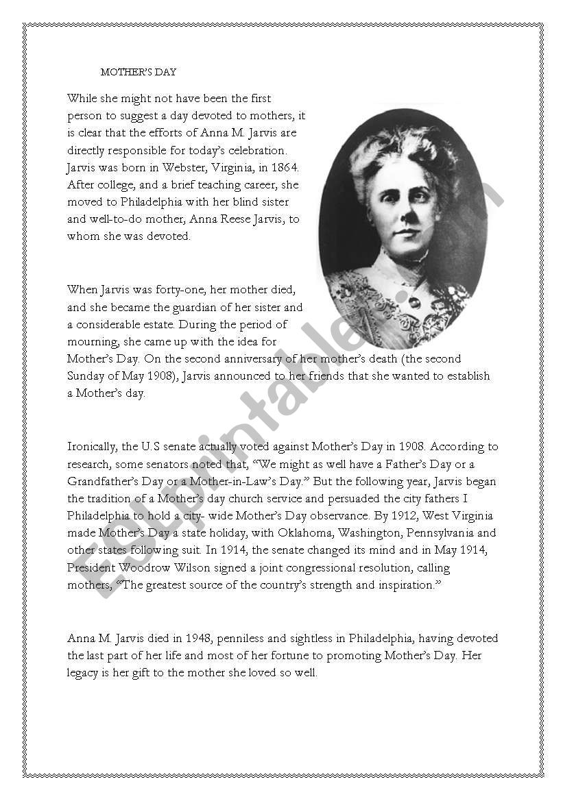 MOTHER´S DAY reading comprehension - ESL worksheet by bilge2940
