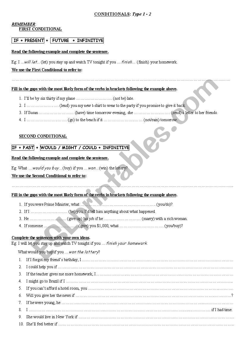 Conditionals: type I - type II - ESL worksheet by Miss Mary70