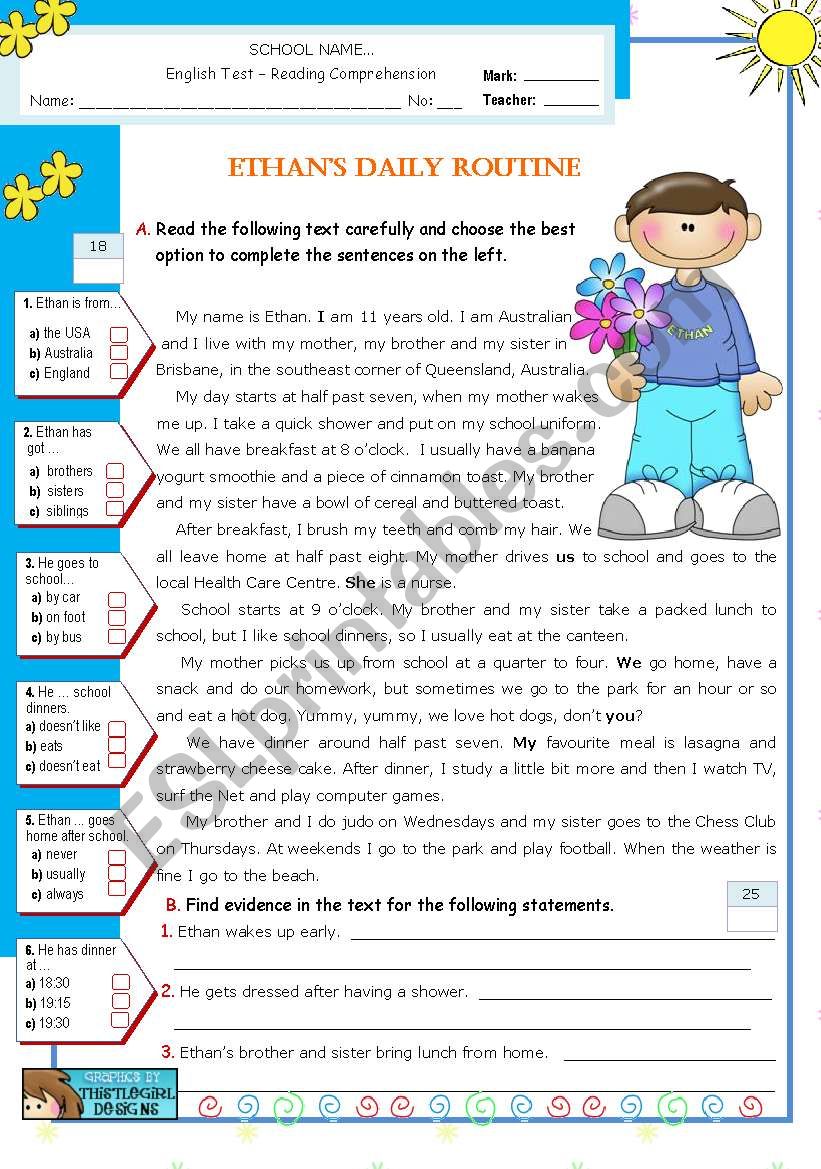 Ethan´s Daily Routine - Reading Test - ESL worksheet by mena22