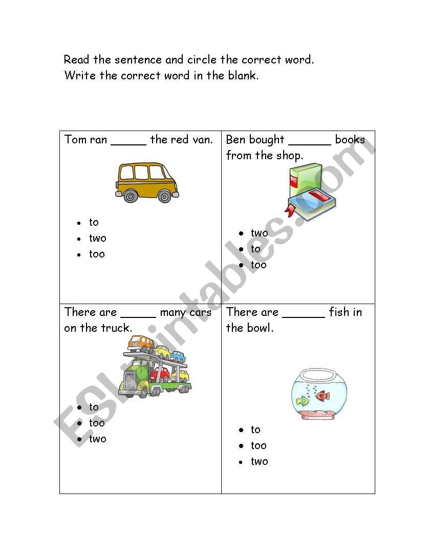 English worksheets: homophones ´to,two,too´