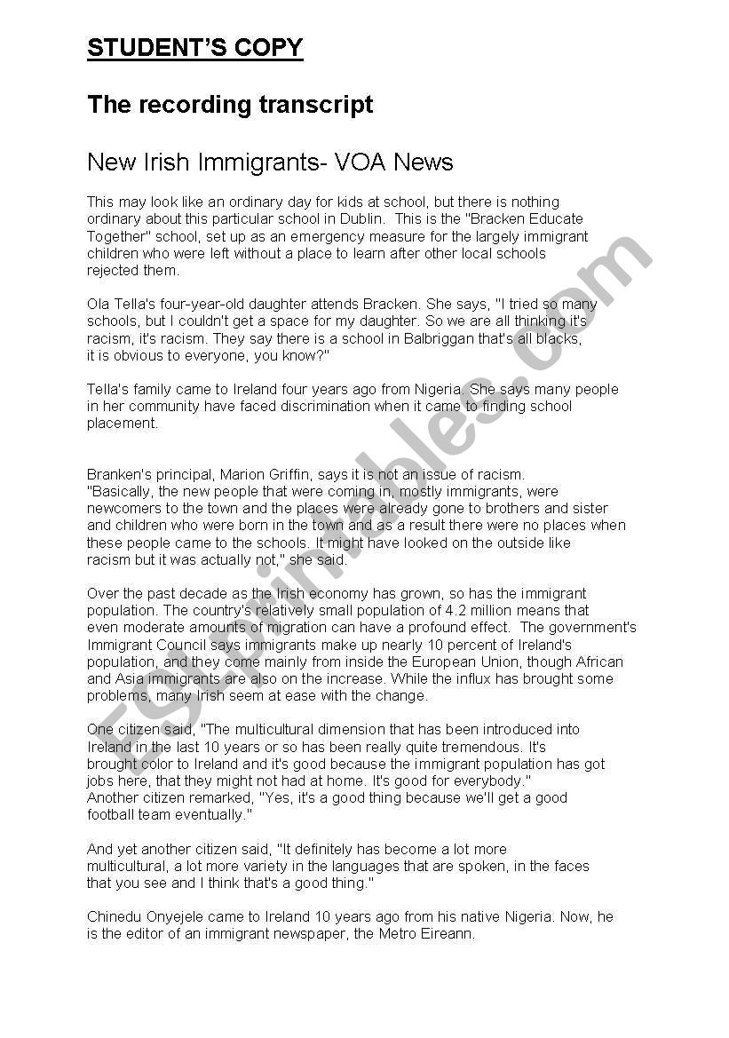 ´New Irish Immigrants´ ESL reading or listening exercises and ...