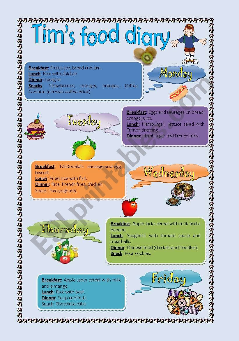 Tim s Food Diary ESL Worksheet By Csag tim-s-food-diary-esl-worksheet-by-csag