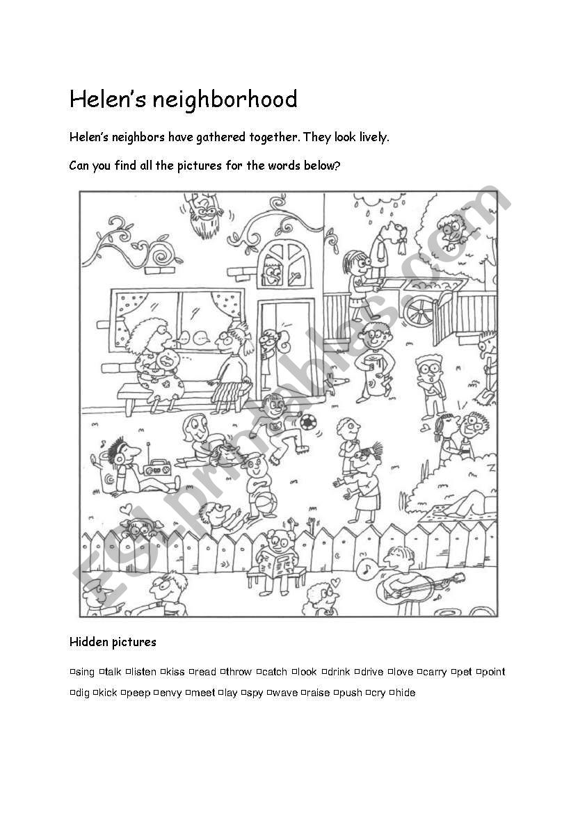 Helen´s neighborhood-hidden pictures - ESL worksheet by jo_kim