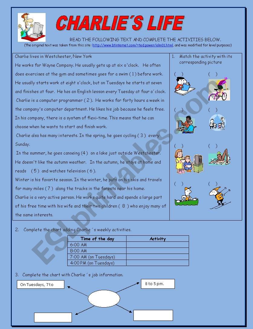 Charlie´s life - simple present reading activity - ESL worksheet by ...