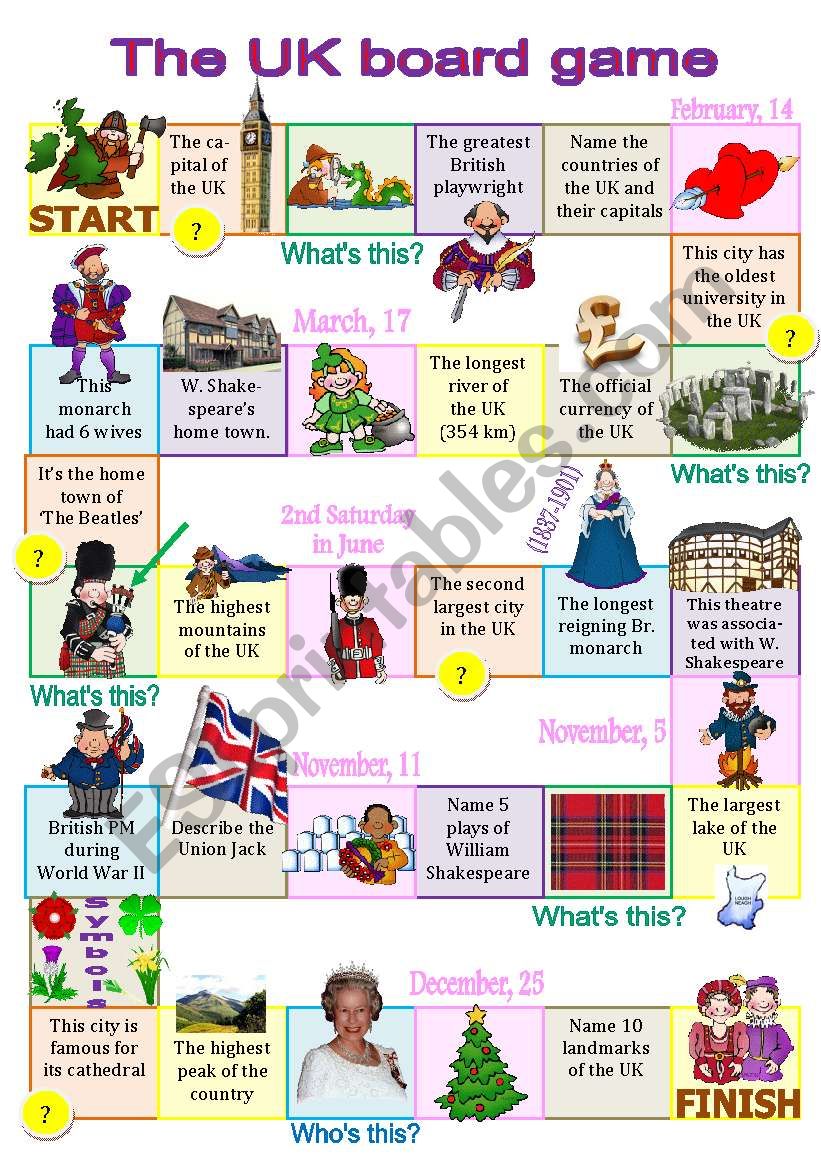 The UK Board Game For Intermediate Students fully Editable ESL
