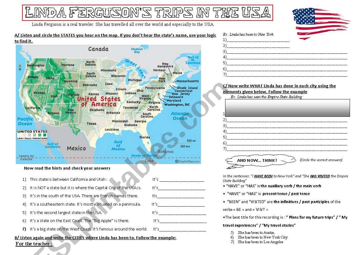 Linda´s trips in the USA (script + answer key included) - ESL worksheet ...