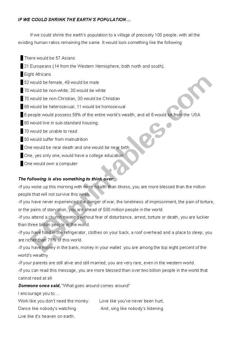 If we could the earth´s population to 100 - ESL worksheet by ezgiaslan
