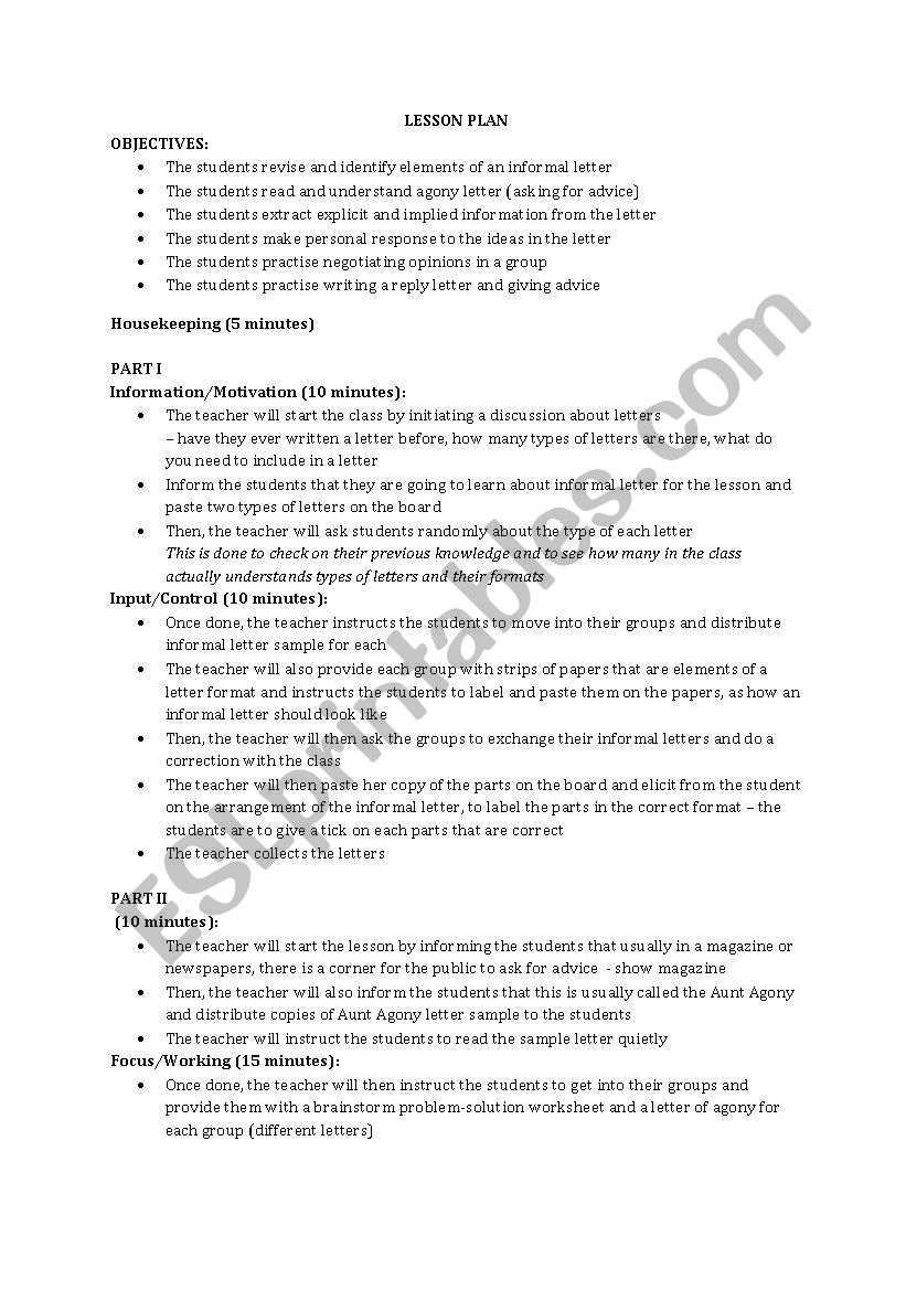 Informal Letter Writing Complete Lesson Plan Activity Template ESL