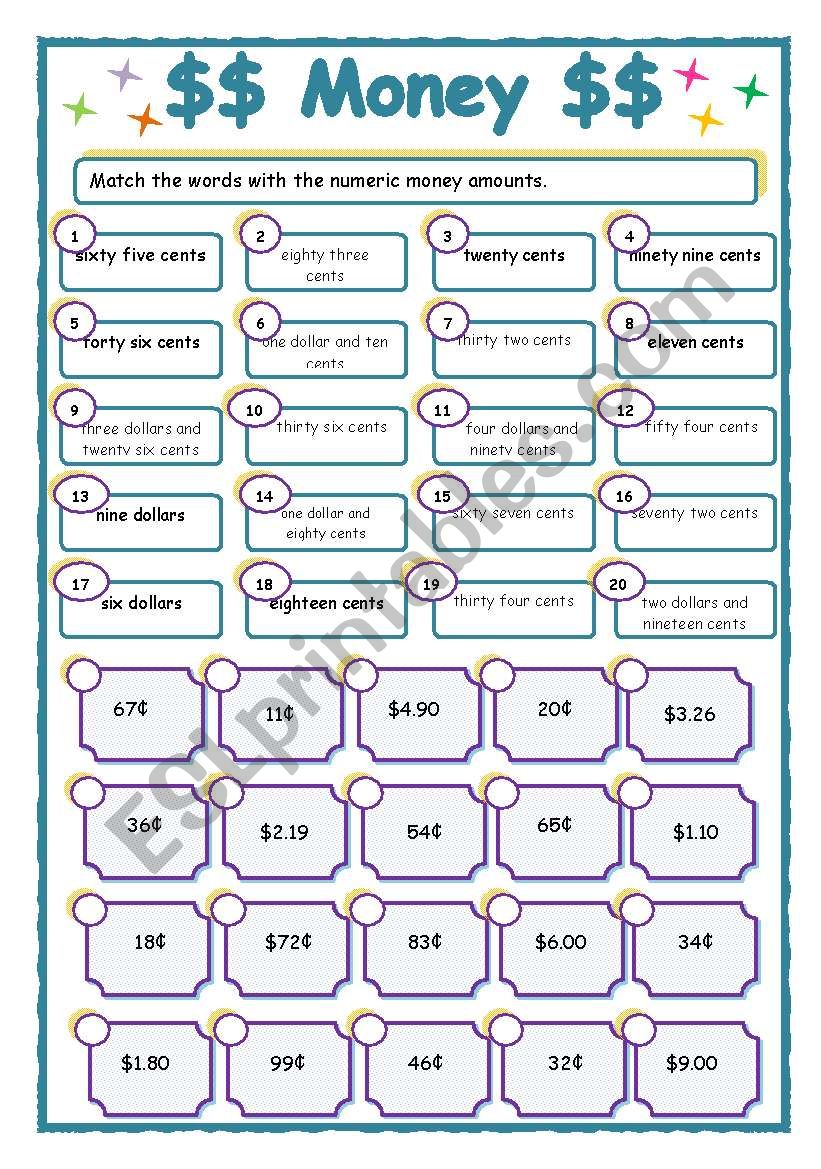 Matching Money ESL Worksheet By Lfetting