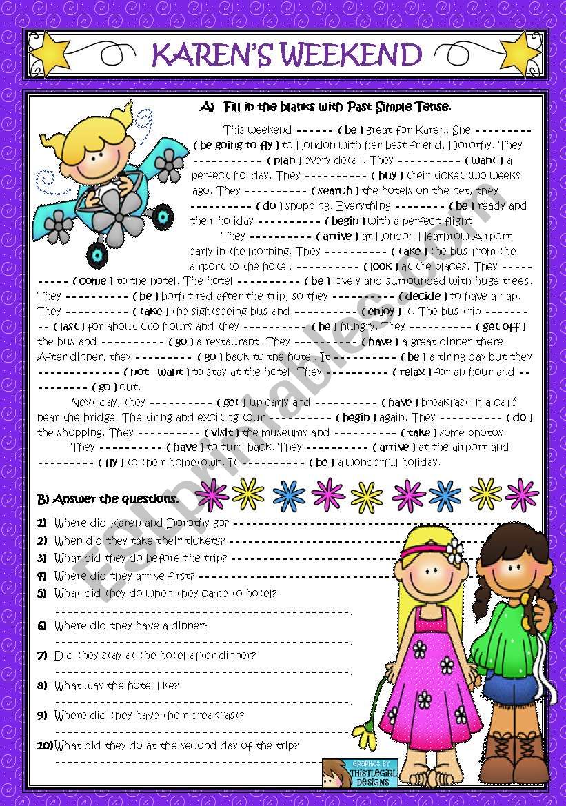 Karen´s Weekend ***Past Simple - Reading*** (B&W+KEY included) - ESL ...