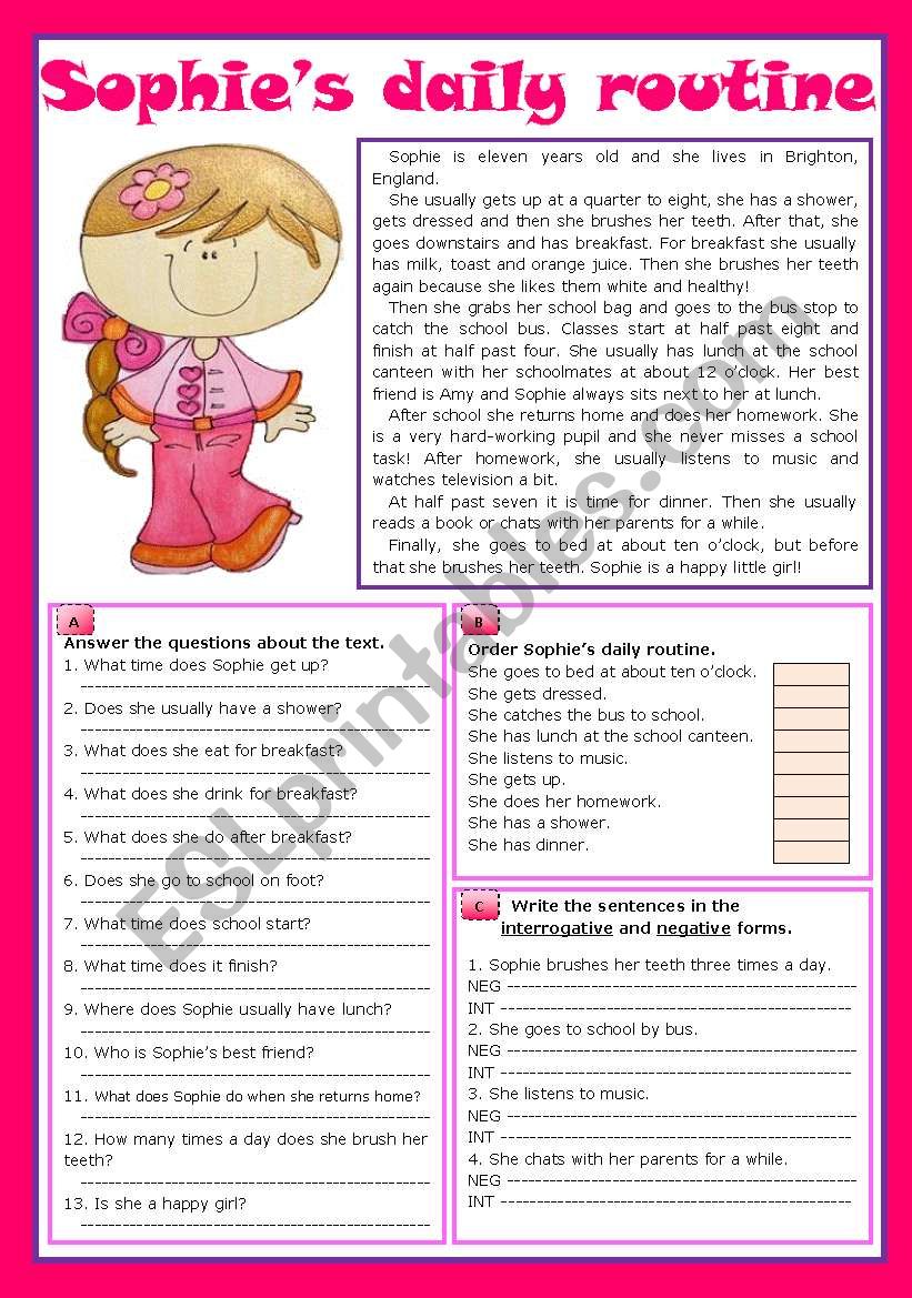 Sophie´s daily routine - ESL worksheet by Zmarques