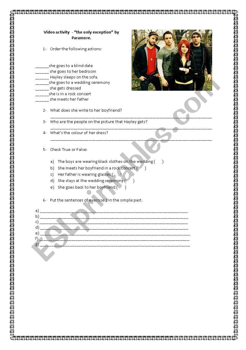 Paramore´s The Only Exception Video Activity - ESL worksheet by nastienka