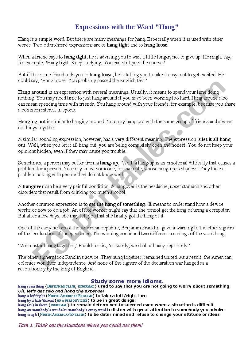 Expressions and idioms with the verb Â´HangÂ´ - ESL worksheet by dnestrella