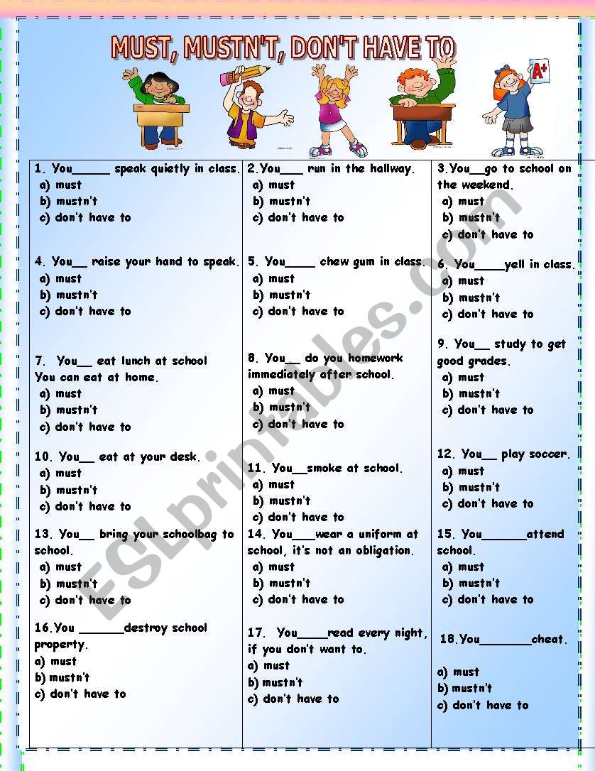 MUST, MUSTN´T AND DON´T HAVE TO - ESL worksheet by GIOVANNI MUST, MUSTN´T AND DON´T HAVE TO - ESL worksheet by GIOVANNI