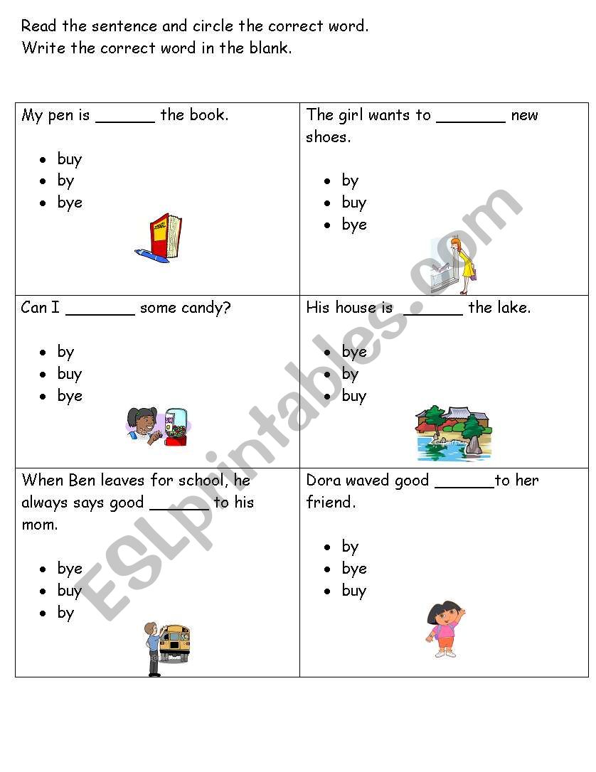 Homophones ´by, bye and buy´ - ESL worksheet by tasneem.taha