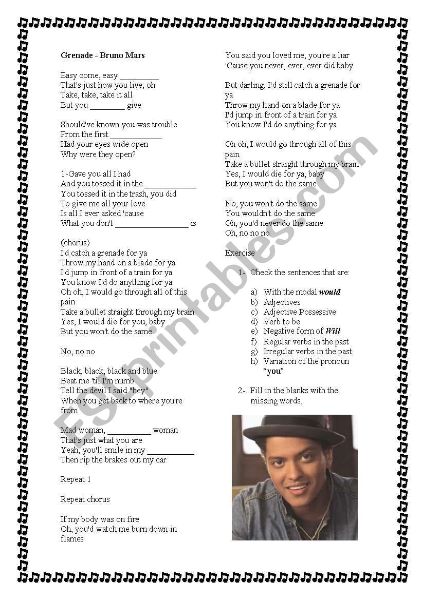 Verb tenses with Bruno Mars´ Grenade - ESL worksheet by nastienka