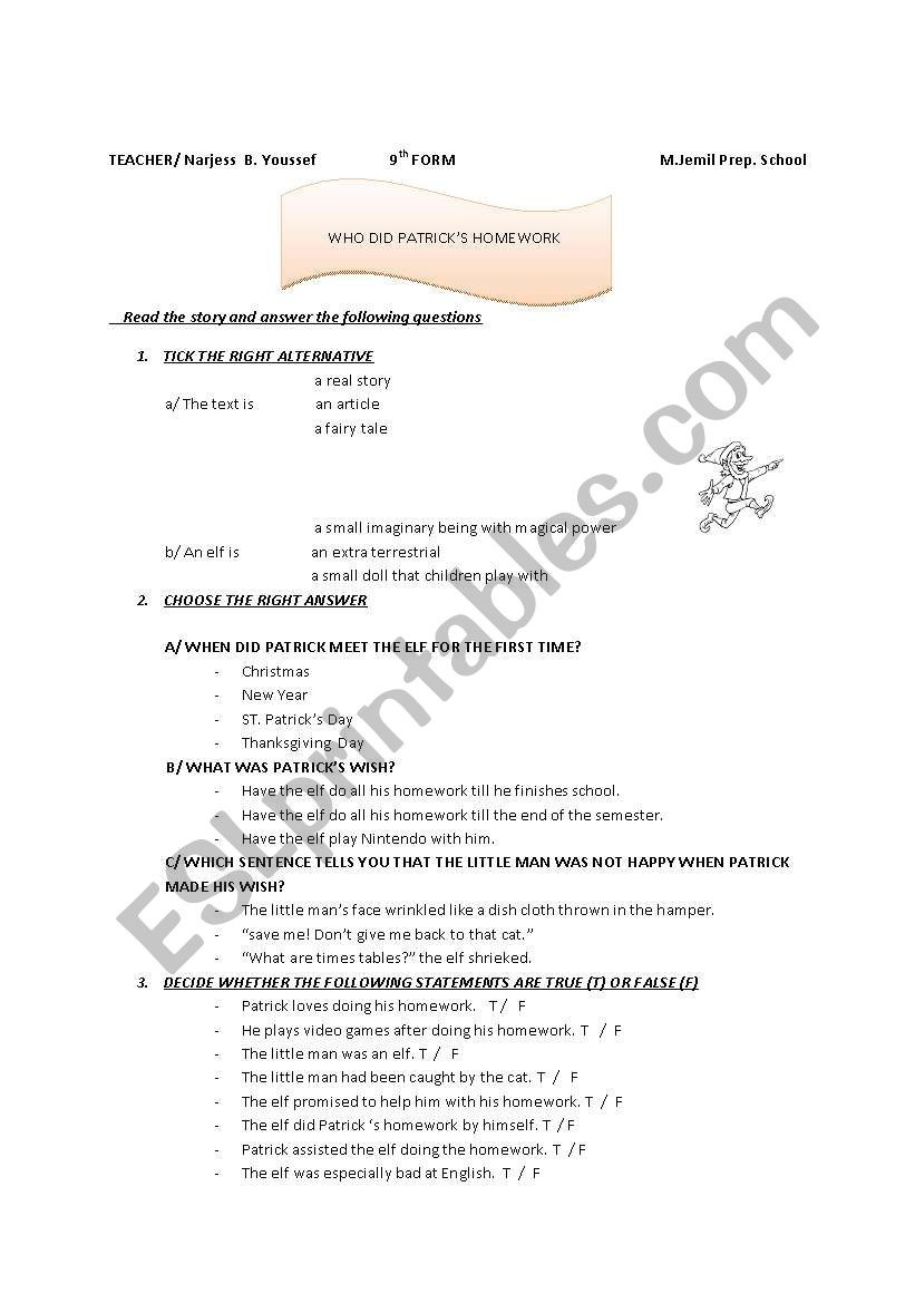 English worksheets: who did Patrick´s homework?