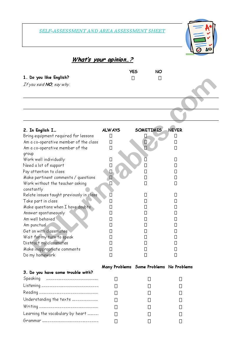 students´ self-assessment and area assessment - ESL worksheet by mibars