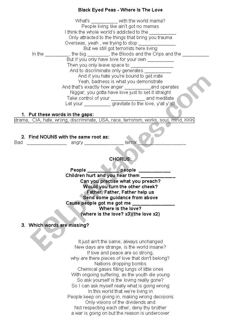 Where´s the love? by Black Eyes Peas - ESL worksheet by LAMERCHE