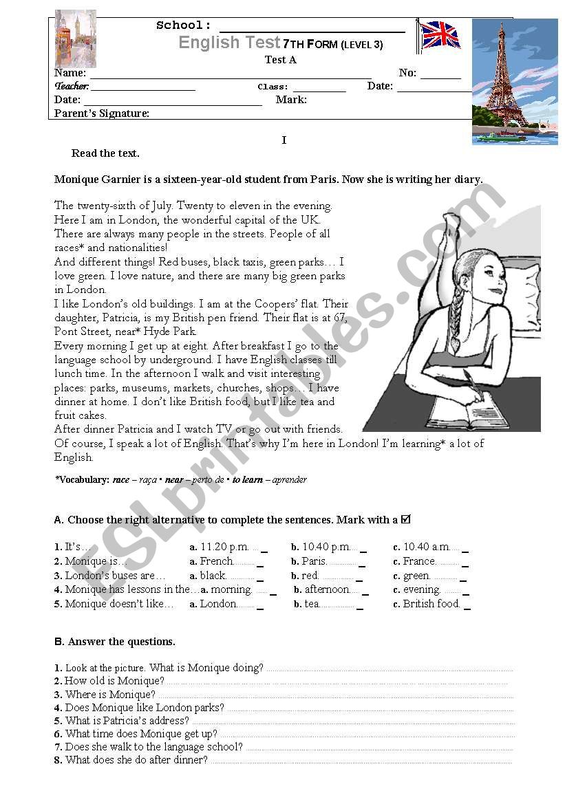Test for 7th graders - Monique´s Daily Routine - ESL worksheet by teted