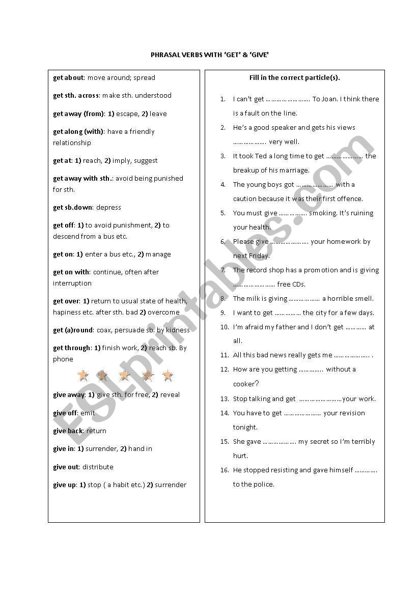 Phrasal Verbs with ´GET´ & ´GIVE´ - ESL worksheet by 83_87