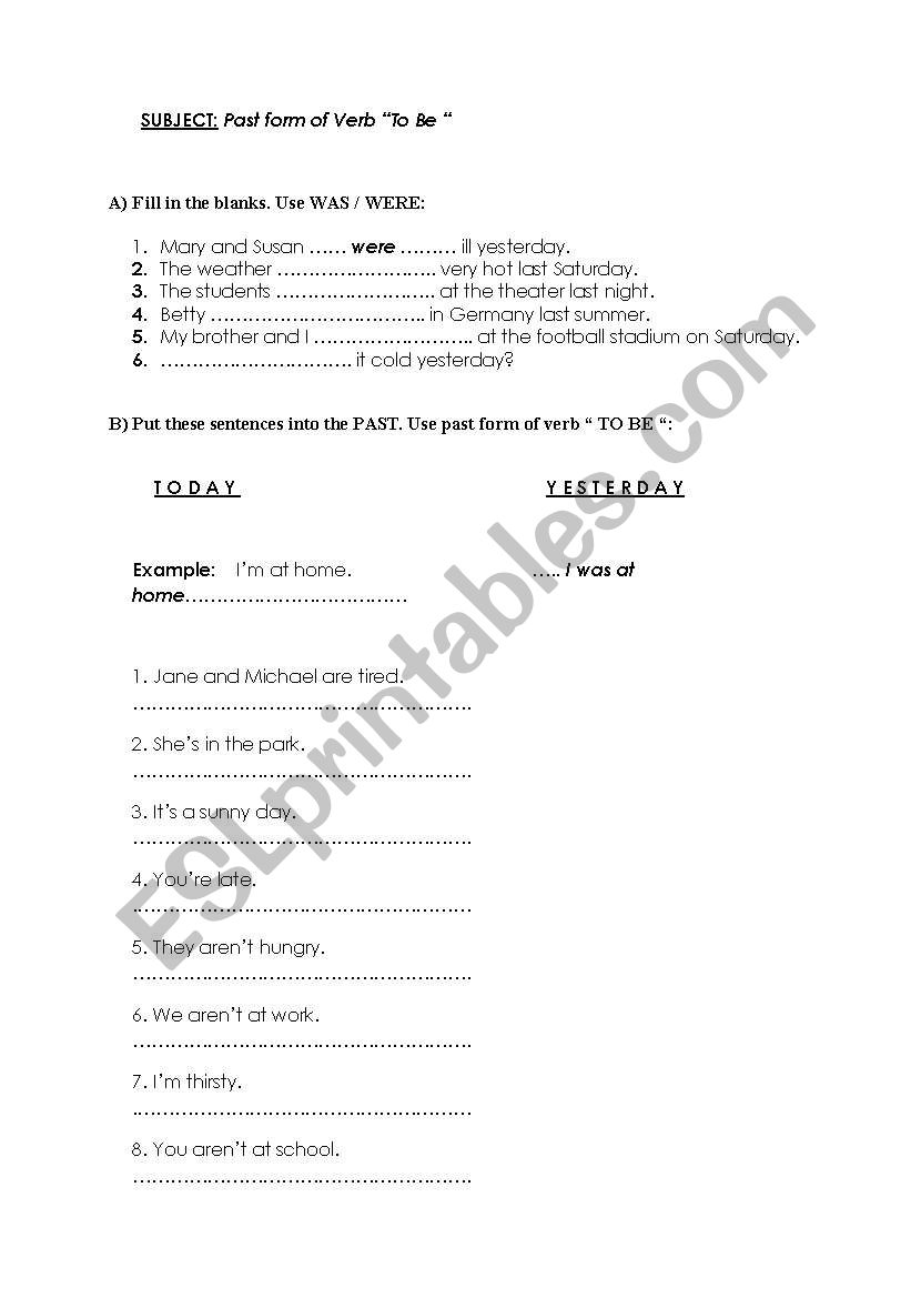 Past form of Verb “To Be “ - ESL worksheet by mangist