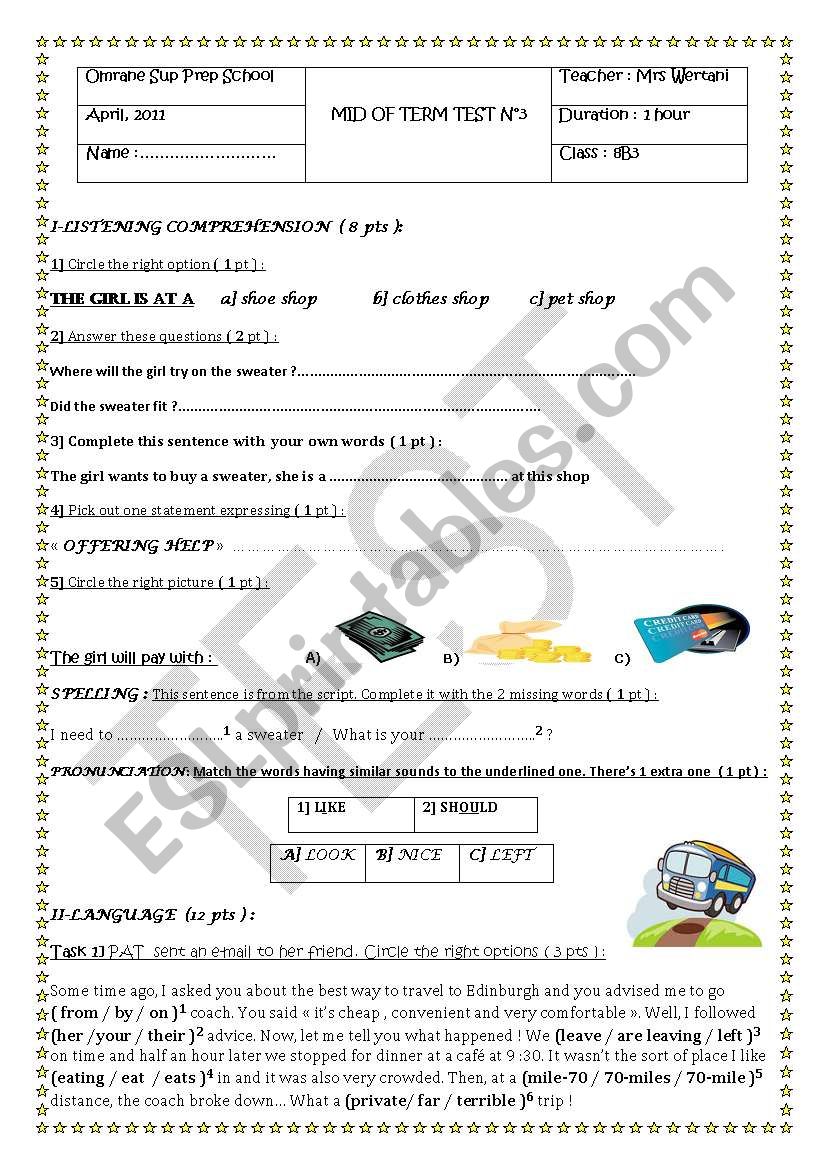 MID TERM TEST N°3 8TH FORM - ESL worksheet by ryma
