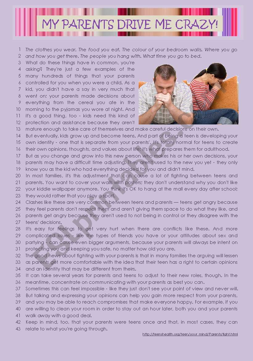 text - TEENS & PARENTS´ RELATIONSHIP + Comprehension + Rephrasing ...