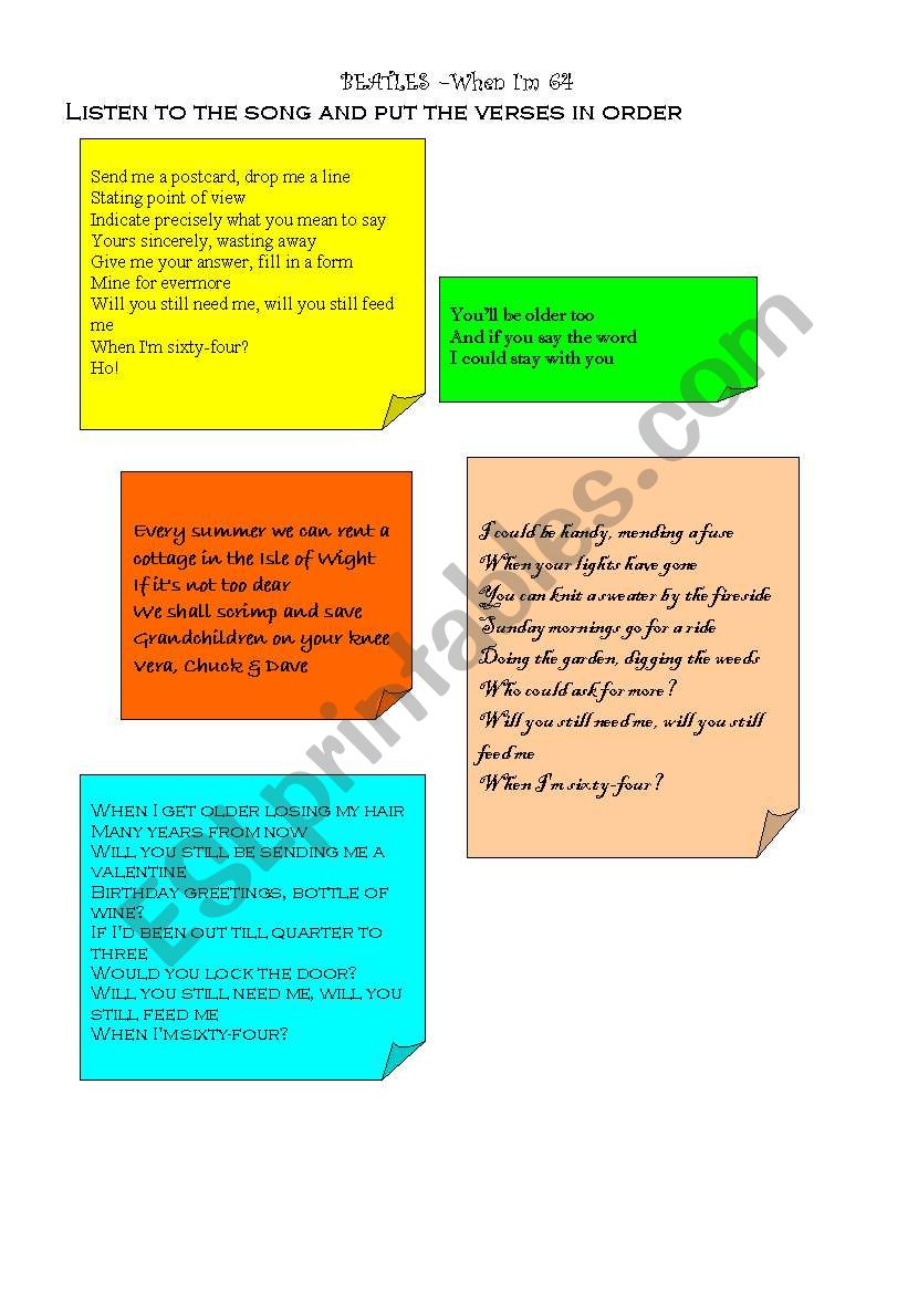 Song -BEATLES when I´m 64 - ESL worksheet by Arandela