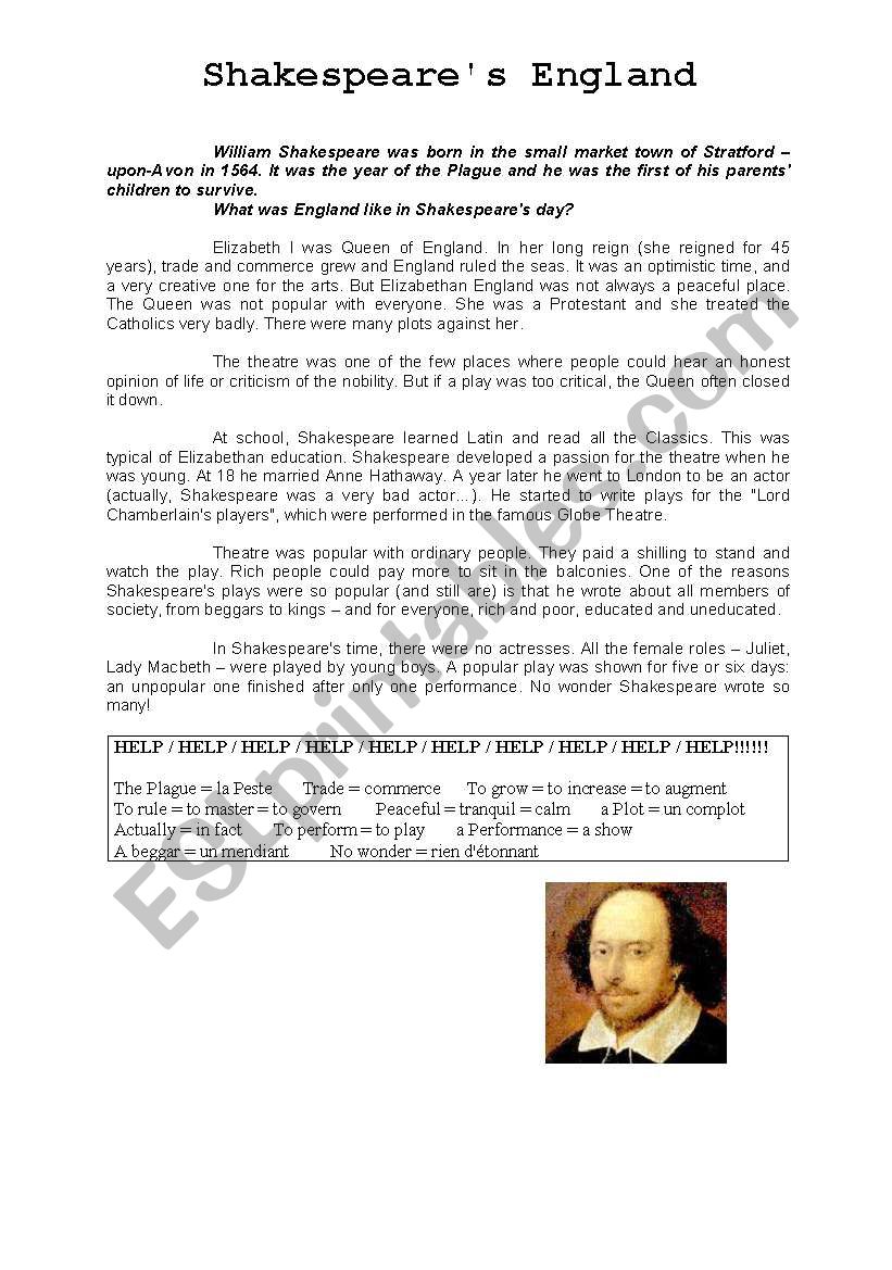 Shakespeare´ s England - ESL worksheet by nadine gaugain