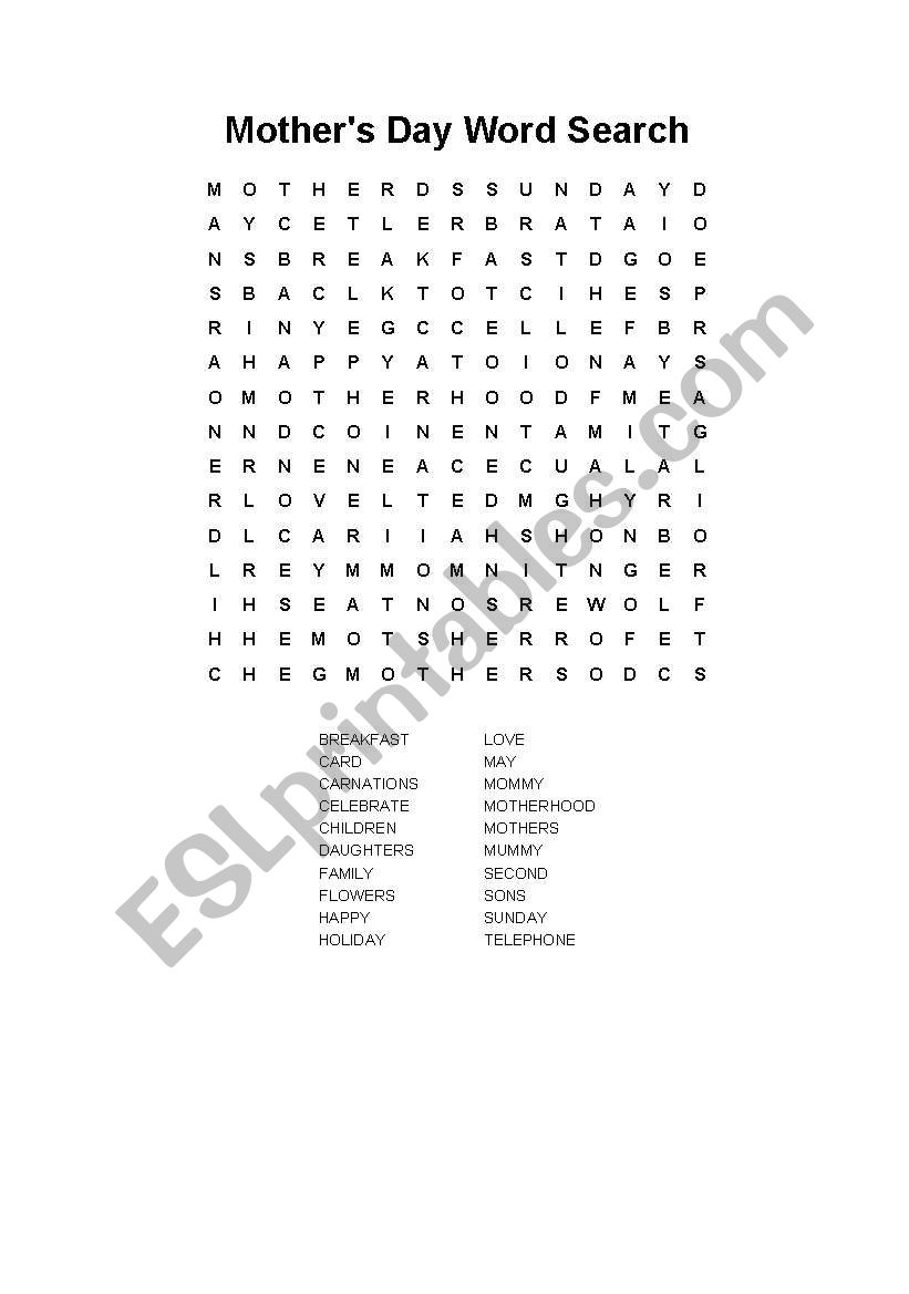 English worksheets: mother´s day word search