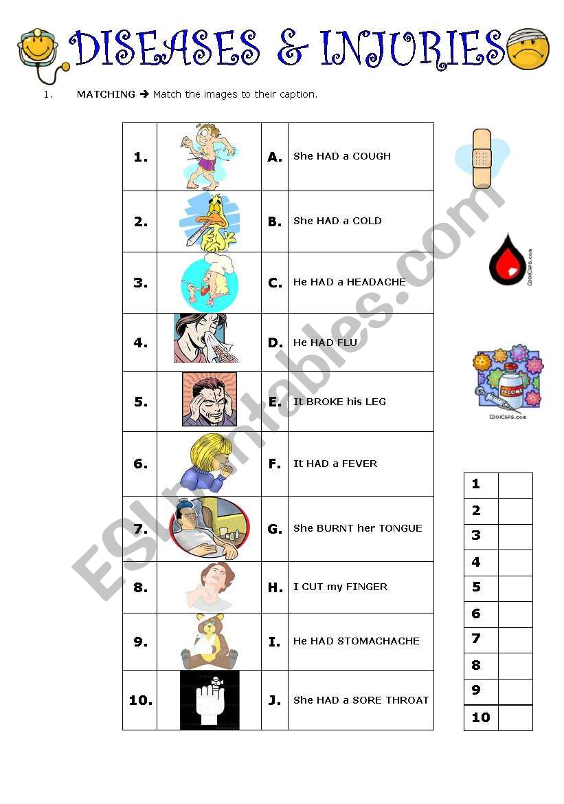 Diseases and Ýnjuries - ESL worksheet by Aquarius21