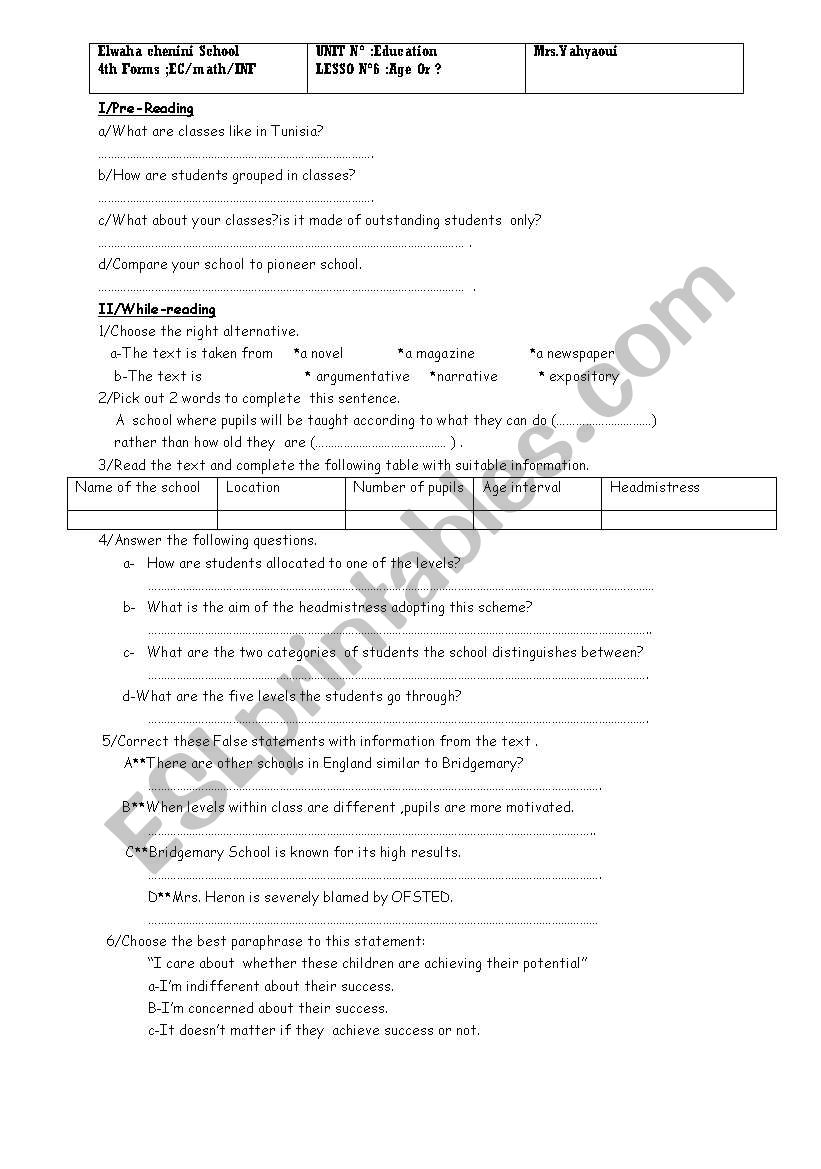 Lesson nÂ°6 Unit 2(Education):Age or? - ESL worksheet by om aziz