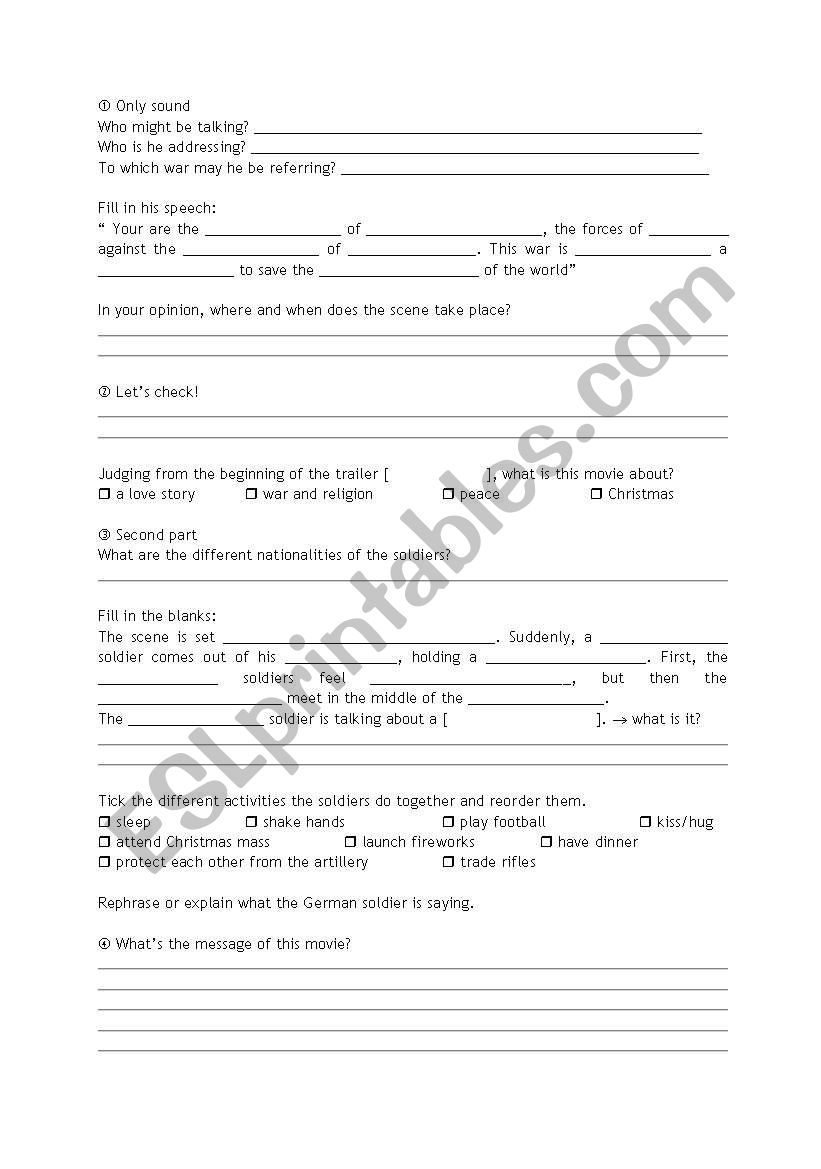 English worksheets: Merry Christmas or Joyeux Noël movie trailer