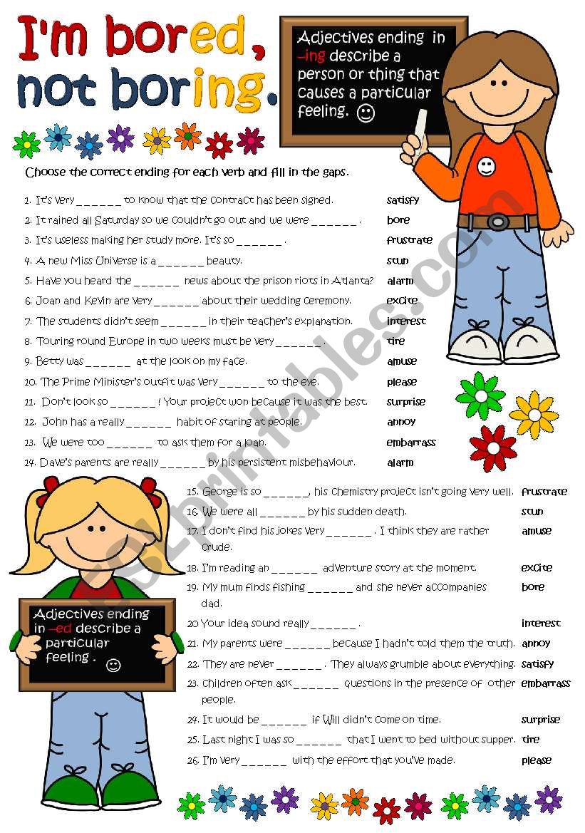 I´m bored, not boring. - ADJECTIVES WITH -ED & -ING *B&W + KEY included ...