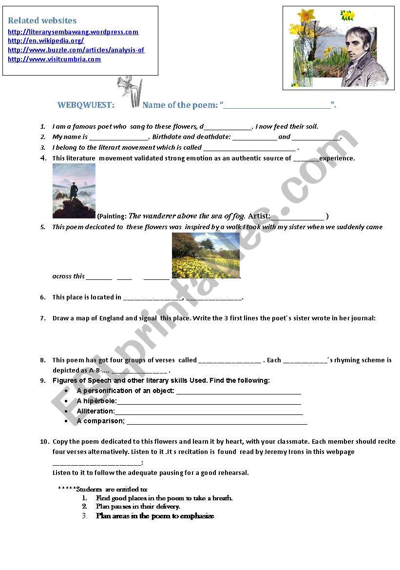 Wordsworth´s Daffodils - ESL worksheet by Olmeda