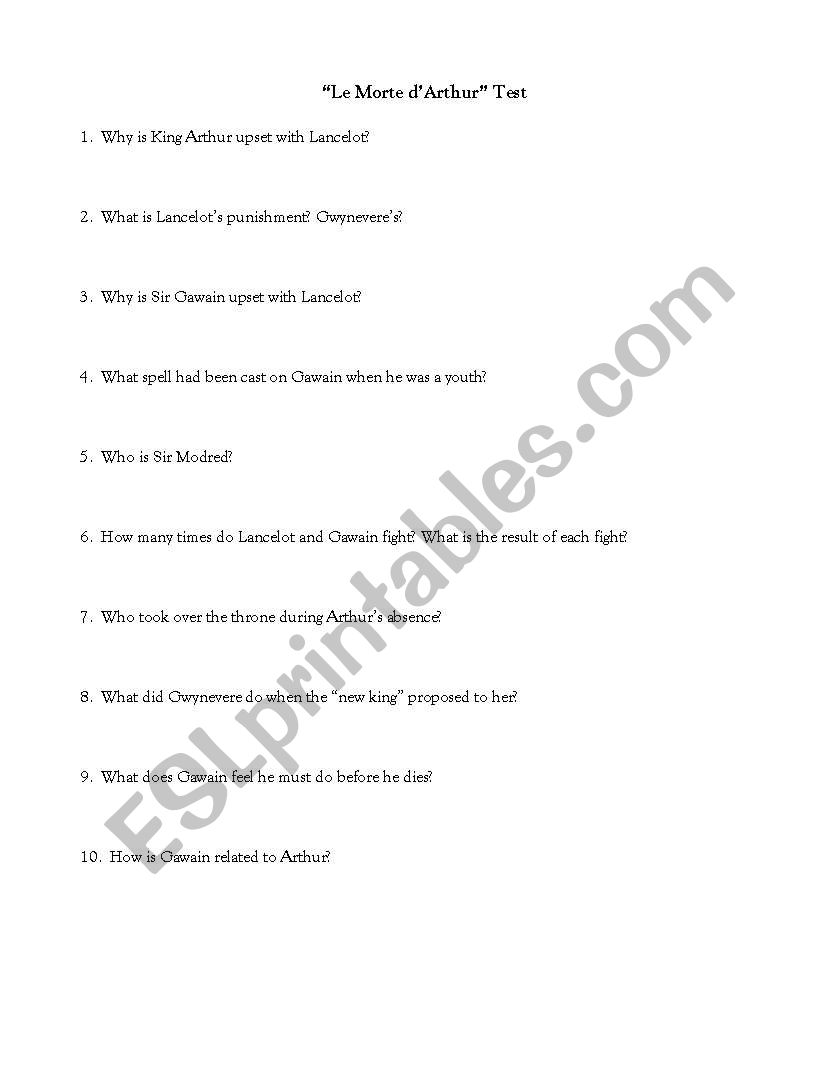 English worksheets: Le Morte d´Arthur Worksheet/Test