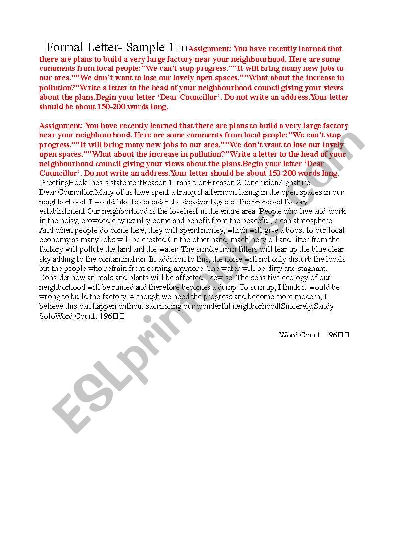 English Worksheets IGCSE ESL Formal Letter Sample