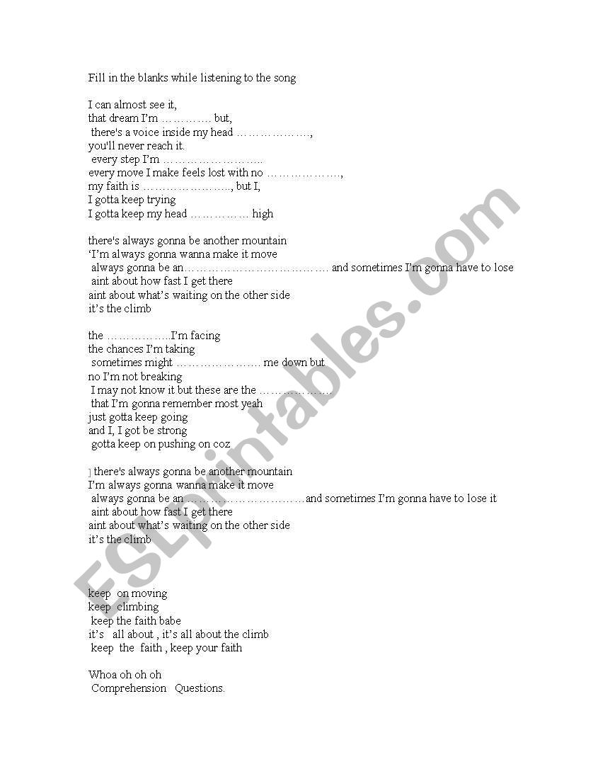 English worksheets: Miley Cyrus ´ The Climb´