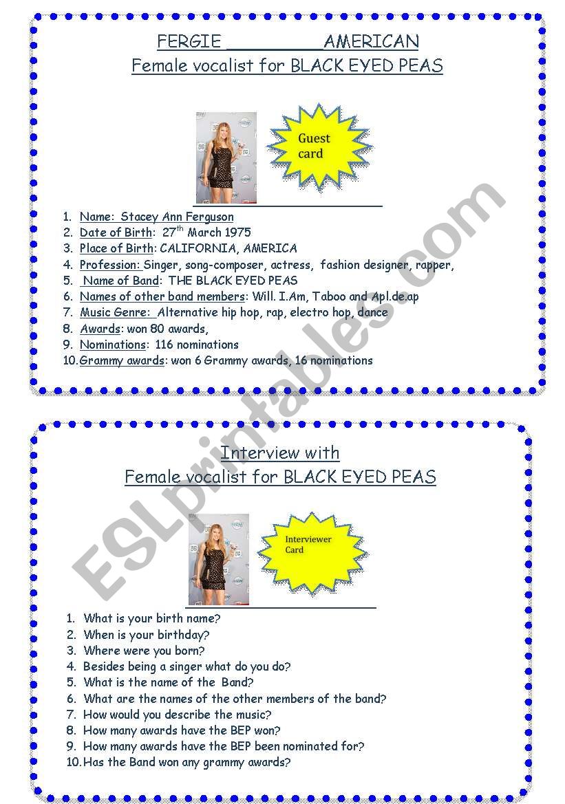 Celebrity interview and information activity cards N° 3 - ESL worksheet ...