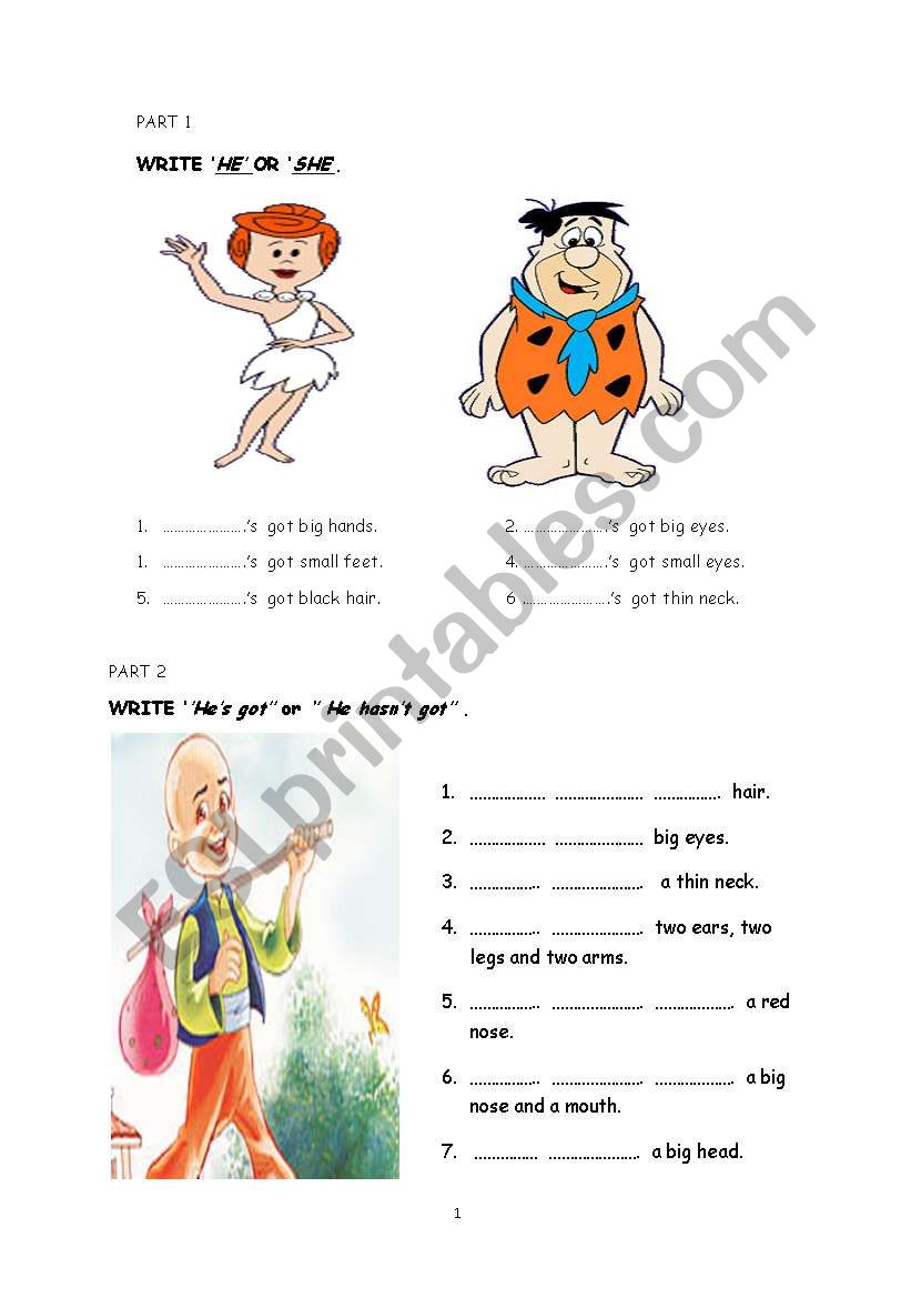 Parts of the body, ´´ he/she´s got, he/she hasn´t got - ESL worksheet ...