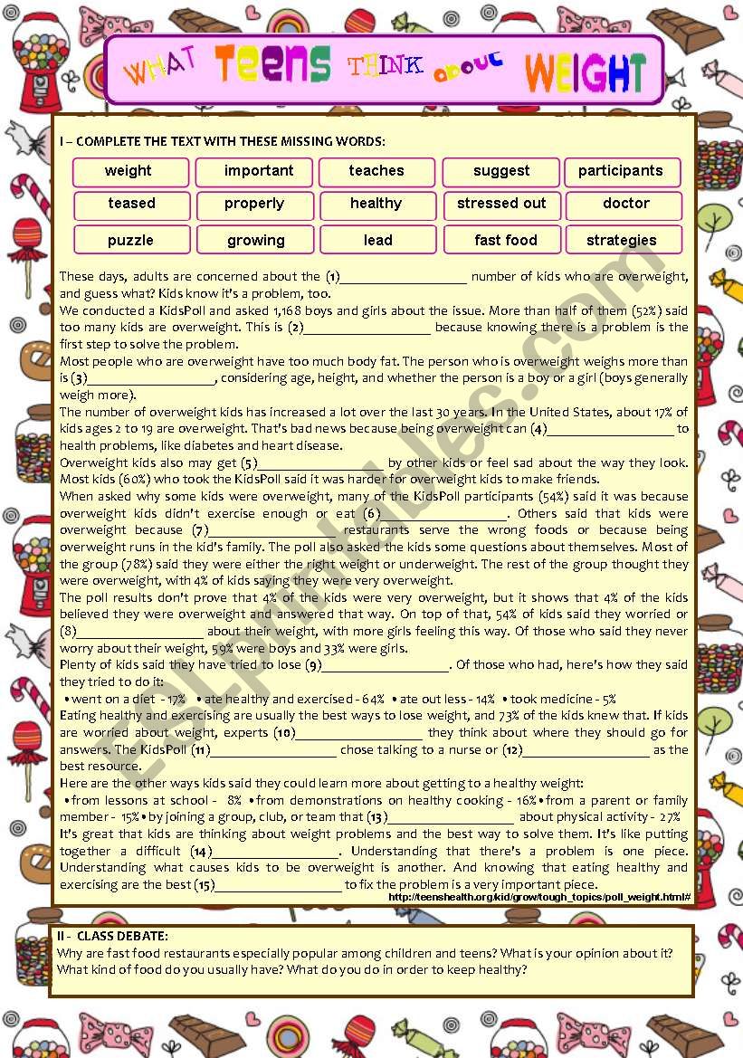 reading + debate ´WHAT TEENS SAY ABOUT WEIGHT´ (Key included) - ESL ...