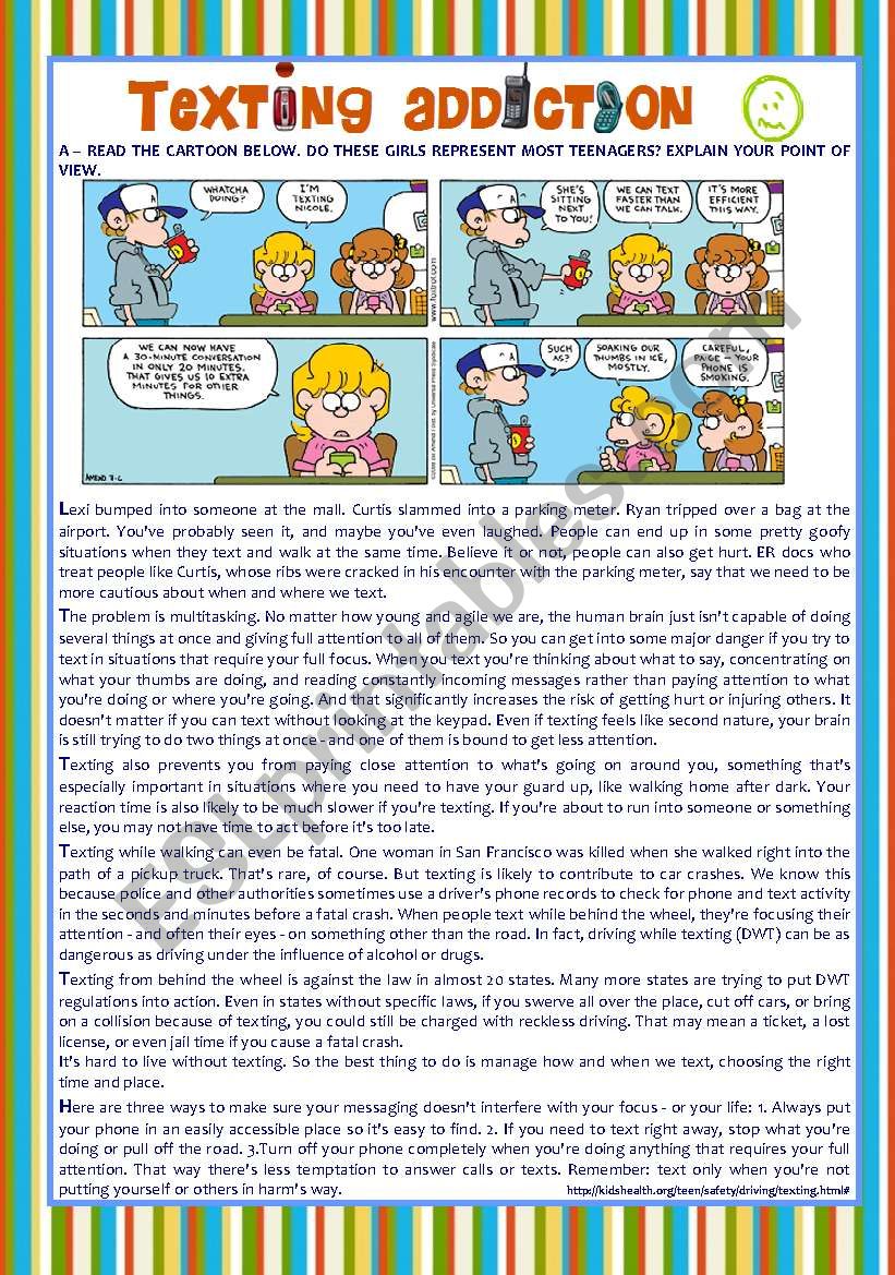 reading + comprehension + essay ´TEENS , TEXTING & MOBILE PHONES´ - ESL ...