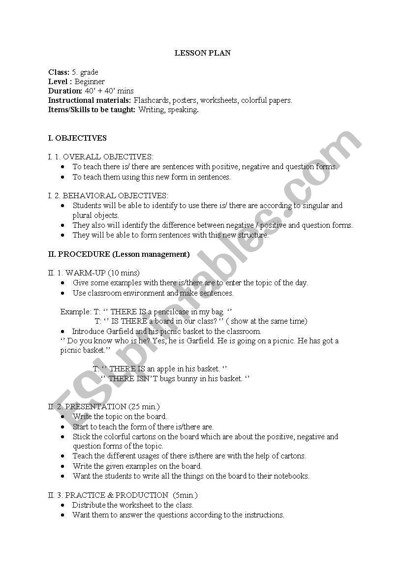 lesson plan of there is/ there are - ESL worksheet by honeyf
